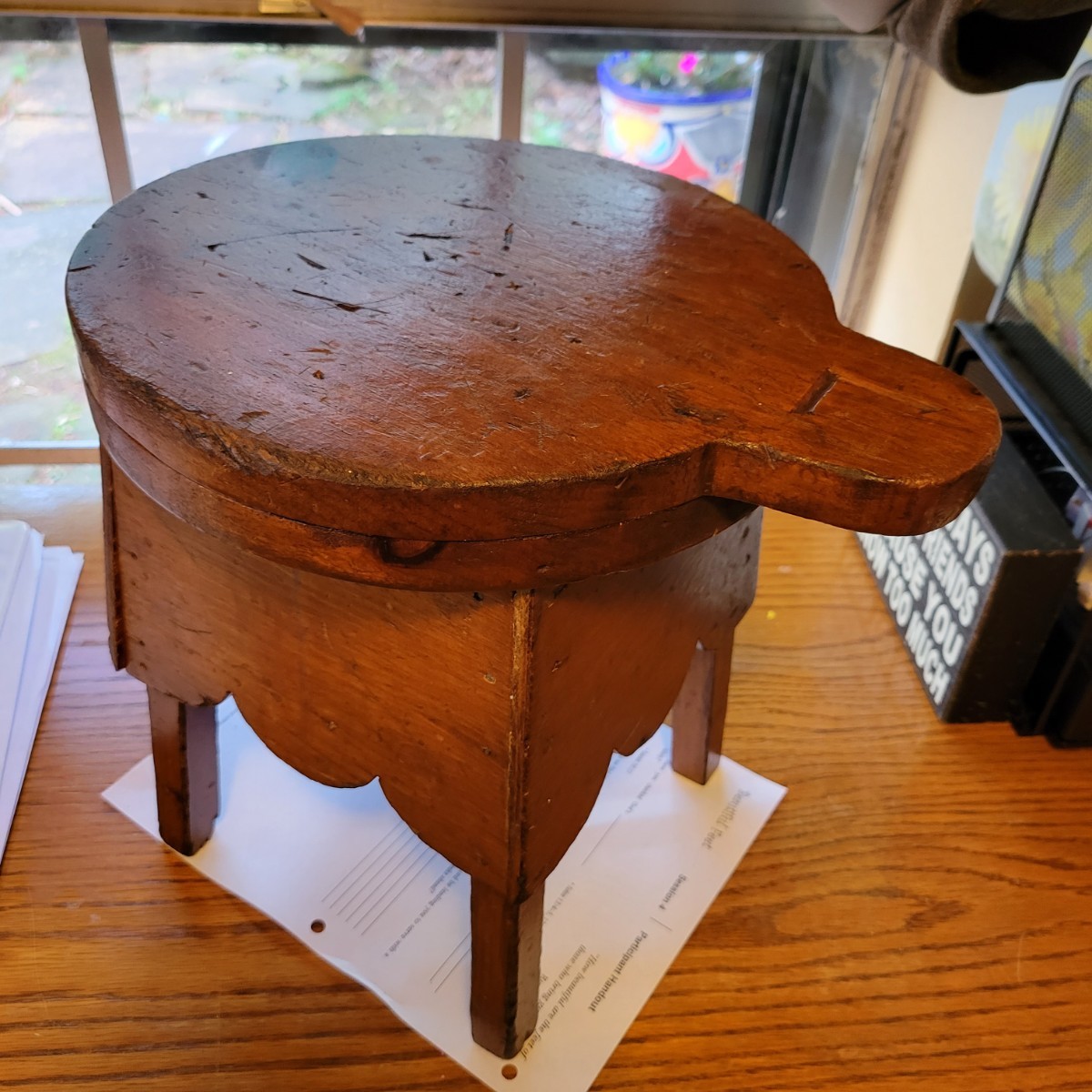 This little stool belonged to fox, his grandfather, a dairy farm