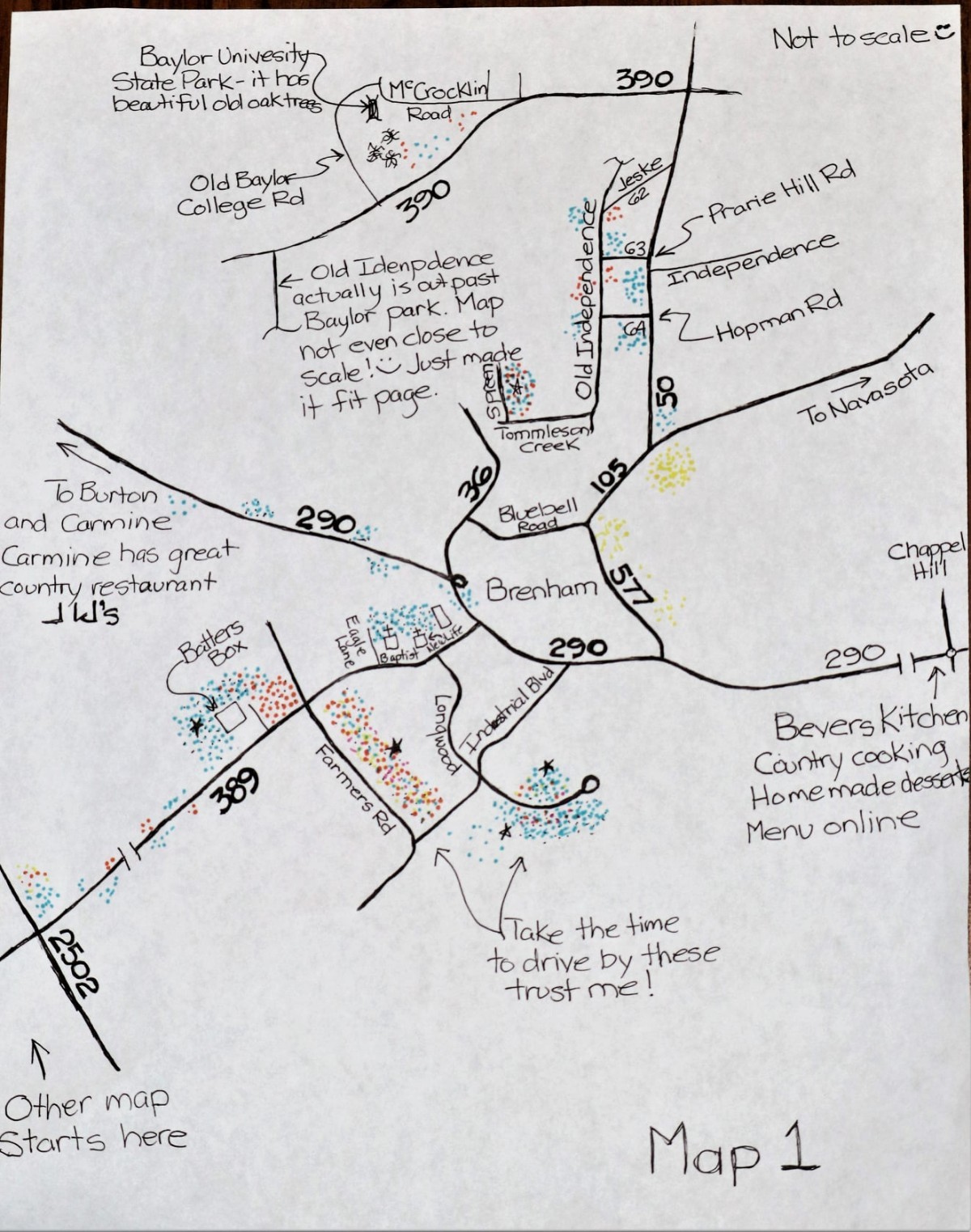 Hand drawn map showing wildflower spots near Brenham