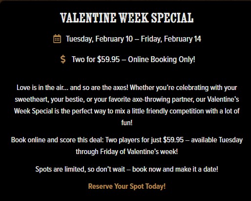 Certificate for 1 Hour of Play ($70 Value) From Axe-Mania - Valentine's ...